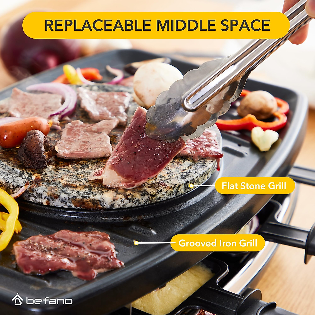 Befano 6-Cup Electric Cheese Fondue Pot, Combo with Raclette Machine for 8 People and Indoor Grill, Simple Adjustable Thermostats, Perfect for Parties and Family Fun