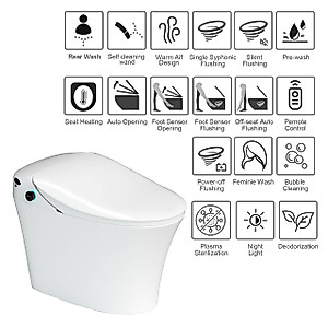 Luxury Smart Toilet with Wireless Remote, Multiple Spray Modes, Heated Seat with Warm Water Sprayer and Dryer, Foot Sensor Modern Toilet Bidet Automatic Flush Toilet