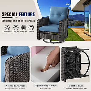 HWB 3 Piece Outdoor Patio Furniture Set Padded Rocking Chair with Retractable Footrest, Bistro Table and Chairs Set of 2, Swivel Glider Rocker Chair Couch with Cushions for Front Porch Balcony Garden