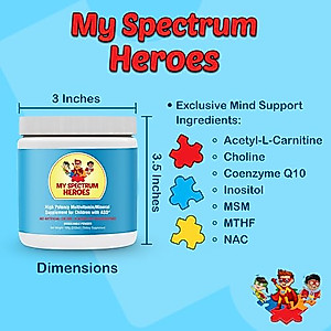 My Spectrum Heroes Kids Powder Multivitamin - Dissolvable Powder Supplement, Better Absorption, Non-GMO, Non-Gluten, No Artificial Ingredients - Neural Help for Children on The Spectrum - 122g(4.30oz)