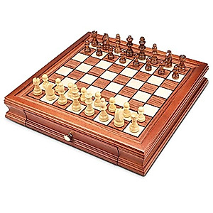 AMEROUS 12.8'' Magnetic Wooden Chess Set / 2 Built-in Storage Drawers / 2 Extra Queen/Gift Package/Chess Rules/Classics Strategy Board Games Chess Sets for Kids and Adults