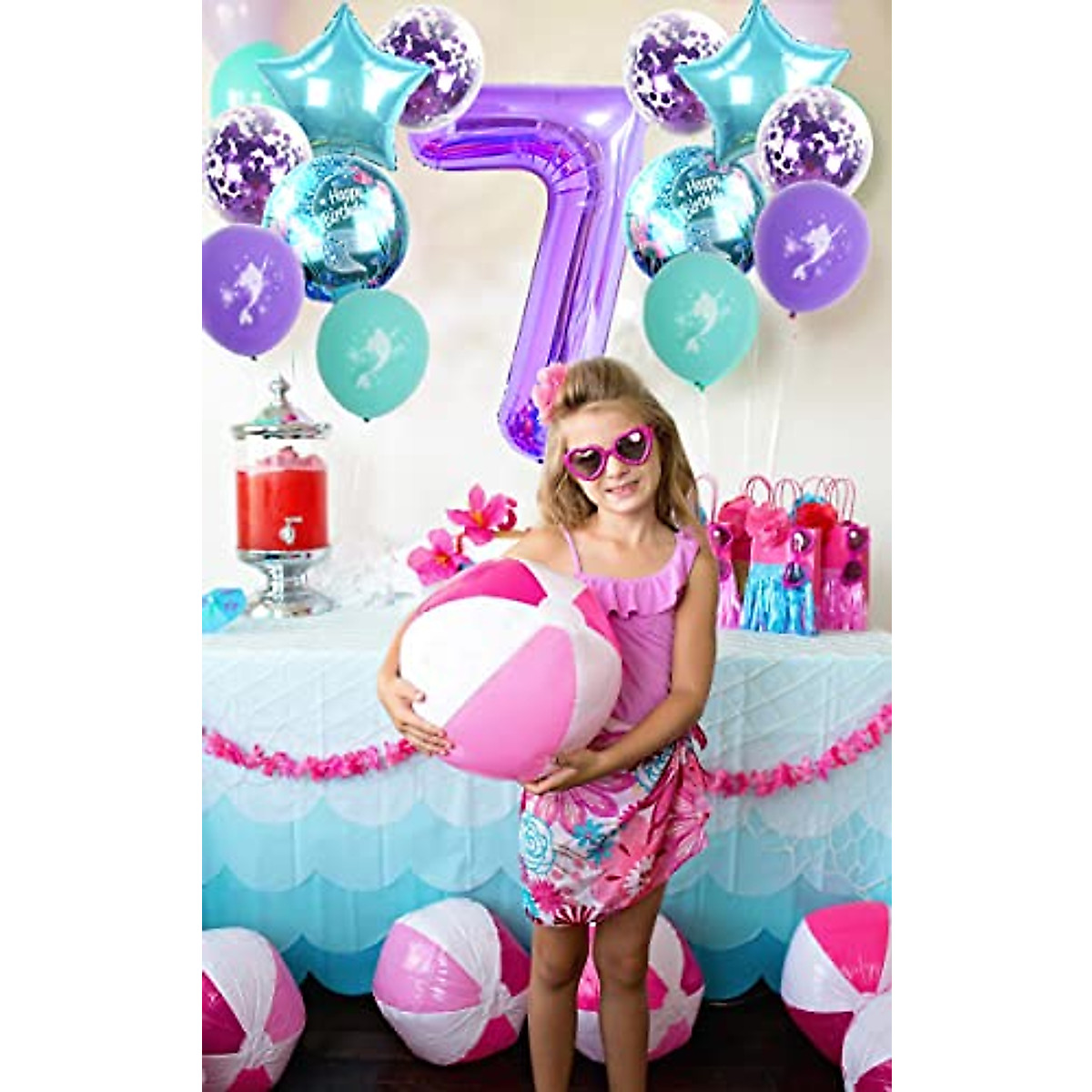 Mermaid Balloons Birthday Decorations for Girls 7th Party,40 Inch purple Jumbo Number "7" Foil Balloon,Mermaid Theme Girls 7 Year Old Party Supplies Backdrop Decor,Mermaid Latex Balloons Party Kit
