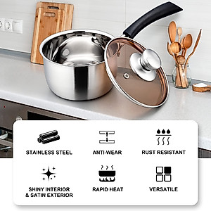 LIANYU 1QT Saucepan with Lid, 1 Quart Stainless Steel Saucepan, Small Pot Milk Soup Pan for Home Kitchen Restaurant, Long Heatproof Handle, Dishwasher Safe