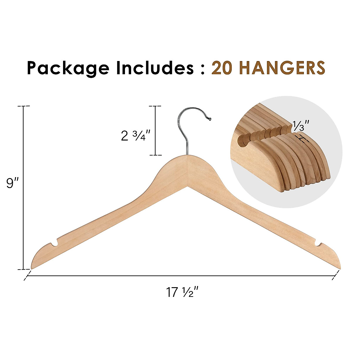 StorageWorks Wooden Hangers, Slim Natural Wood Hangers, Premium Solid Wood Clothes Hanger for Tank Top, T-Shirt, Strap Dress, 20 Pack, Natural Wood Color