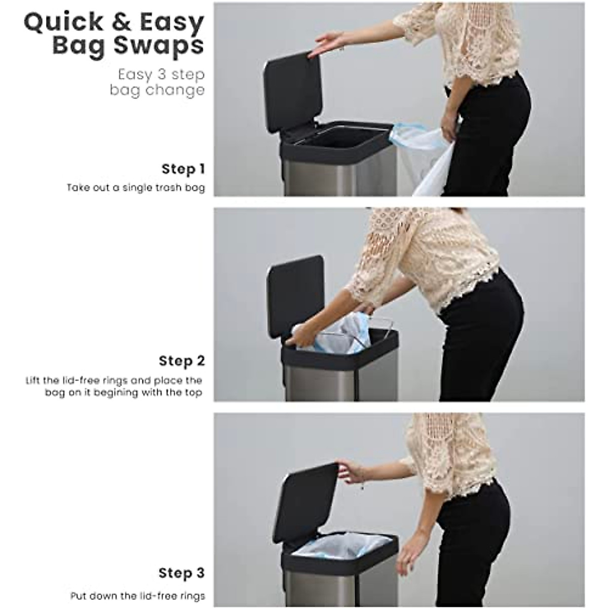 SIMPLI-MAGIC 50 Liter Soft-Close, Smudge Resistant Trash Can with Foot Pedal and Built in Filter-Stainless Steel, Sleek Finish, 50L/13.2 Gallon, Black