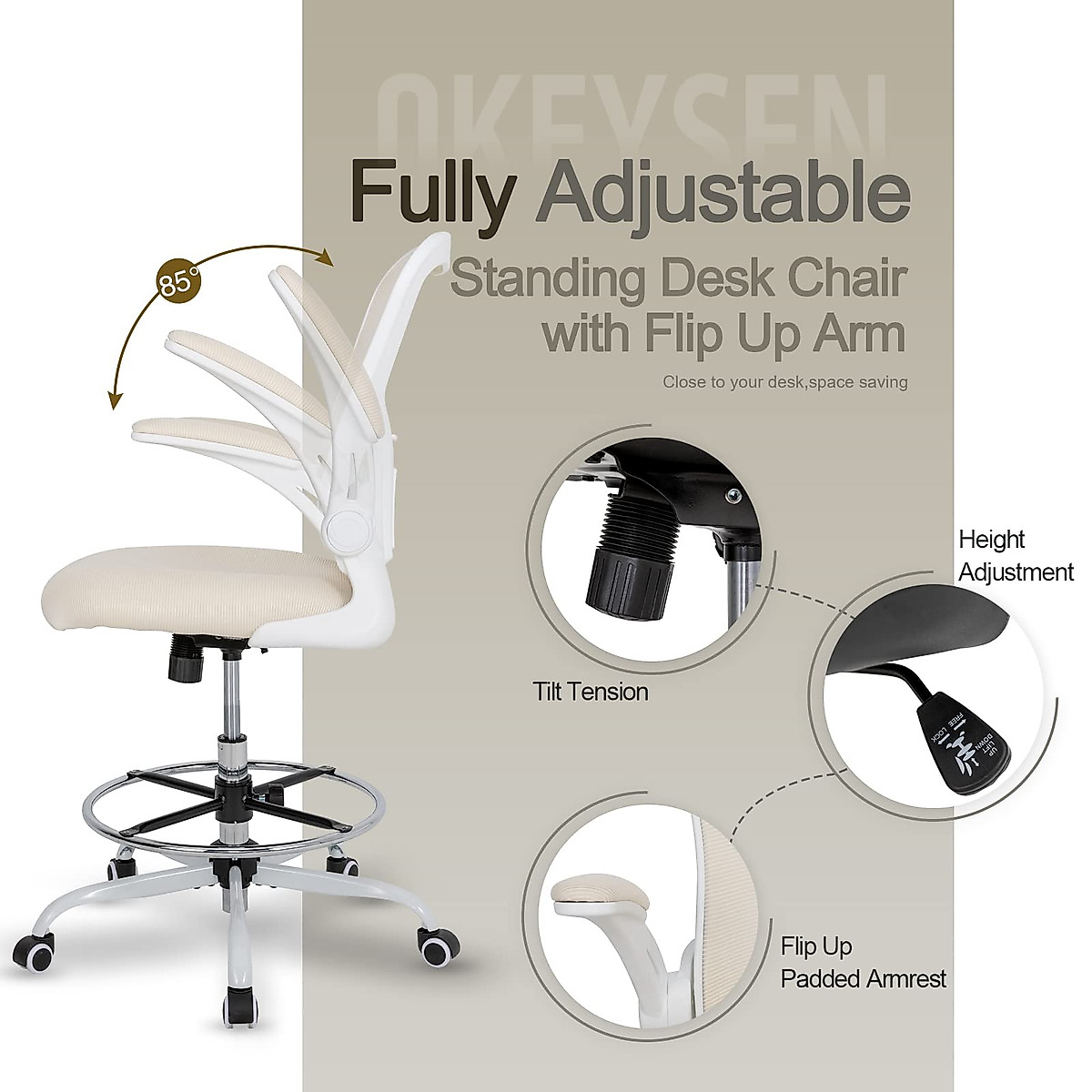 Drafting Chair Tall Office Chair, Standing Desk Chair 3.9'' Cushion, Ergonomic Mesh Computer Chair with Adjustable Foot Ring & Flip-Up Arm, Executive Rolling Swivel Stool for Office & Home. (Beige)