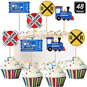 48 Pieces Railroad Party Crossing Decoration Railroad Train Crossing Cupcake Toppers Steam Train Cupcake Picks for Birthday Party Railway Steam Train Theme Party