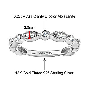 Moissanite Wedding Band Milgrain Marquise Half Eternity Ring 18K White Gold Plated 925 Sterling Silver Band D Color VVS1 Lab Created Diamond Rings for Women, Size 5