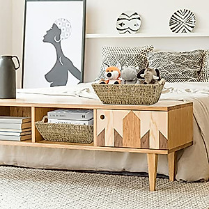 Graciadeco Hand Woven Seagrass Baskets with Wooden Handles Large Natural Shallow Wicker Storage Basket for Organizing Irregular Rectangle, 2 Pack