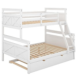 DEYOBED Twin Over Full Bunk Bed with Twin Size Trundle, Wooden Bed Frame with Ladder and Safety Guardrail for Kids Boy Girls, Can Convertible into 2 Separated Beds, White