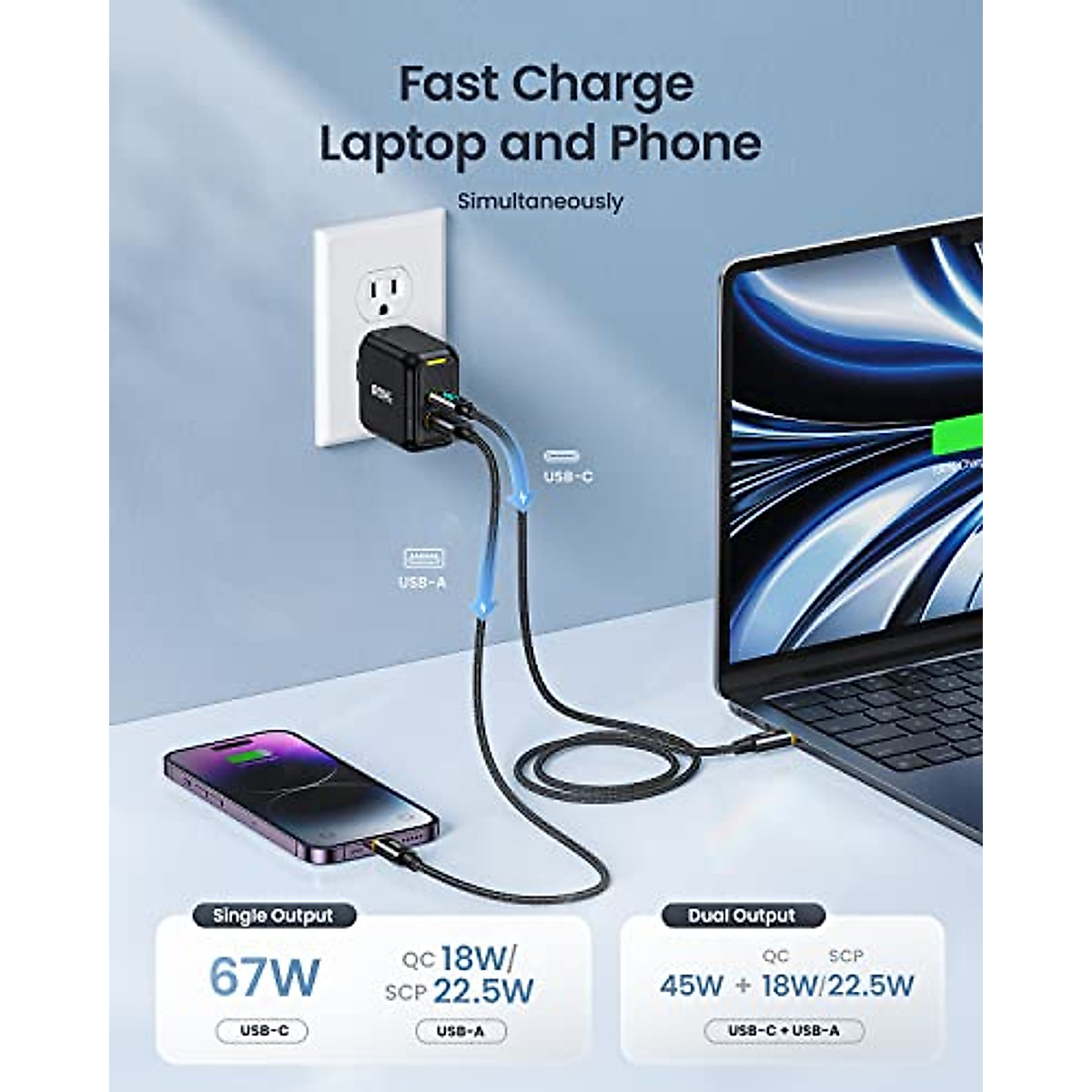 65W USB C Charger, AOHI 2 Ports 67W USB C GaN Charger Power Adapter, PPS Foldable Compact PD Fast Wall Charger with 4ft USB-C Display Cable for MacBook Pro/Air, iPhone 14, iPad Pro,Galaxy, Steam Deck