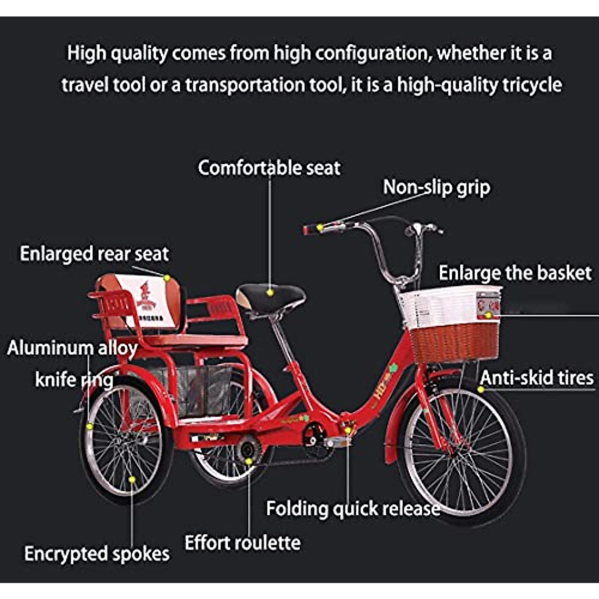 WEIMMIN Adult Tricycle Folding Tricycle for Seniors Comfortable seat 3 Wheel Bicycle with Shopping Basket Double Chain 20 Inch Shock Absorber Front Fork for Parents and Children Maximum Load 400Ib