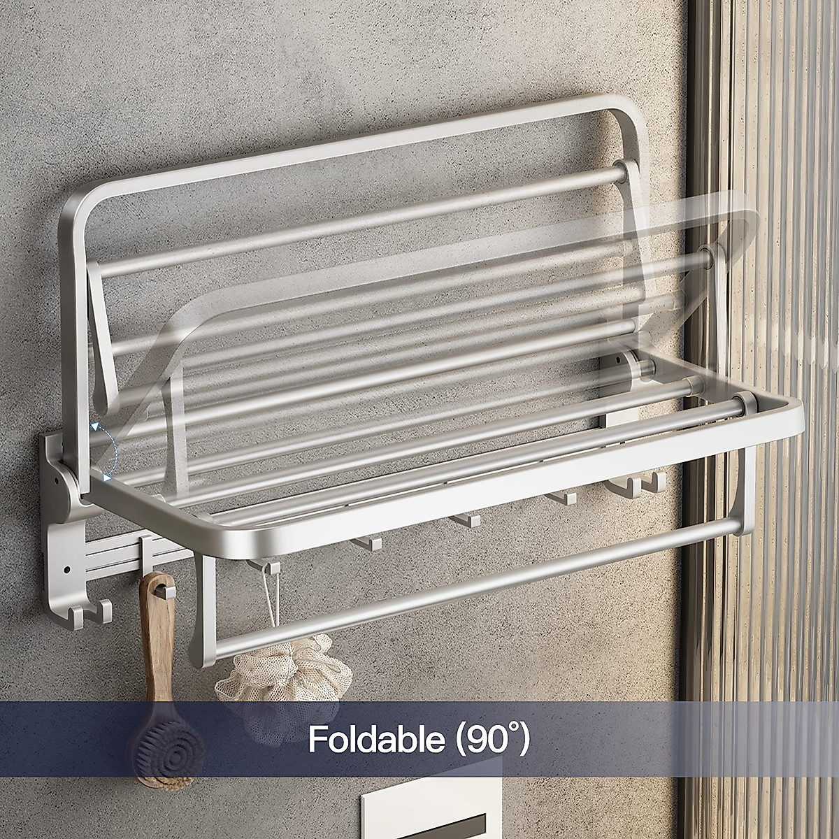 24 Inch Towel Rack with Towel Bar Holder Foldable Towel Shelf with Movable Hooks Rustproof Towel Storage Wall Mount for Bathroom Lavatory Silver