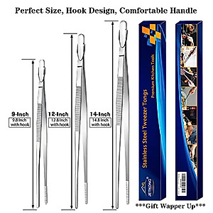 JETKONG Extra Long Kitchen Tweezers Heavy Duty Stainless Steel Cooking Tweezers, Set of 3 (9 12 14 Inch, Silver)