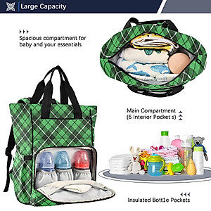 Jihqo Diaper Bag Backpack National Tartan Green Saint Patrick Travel Diaper Bags for Women, 10L Functional Baby Changing Bag with Insulted Pockets, Stroller Straps