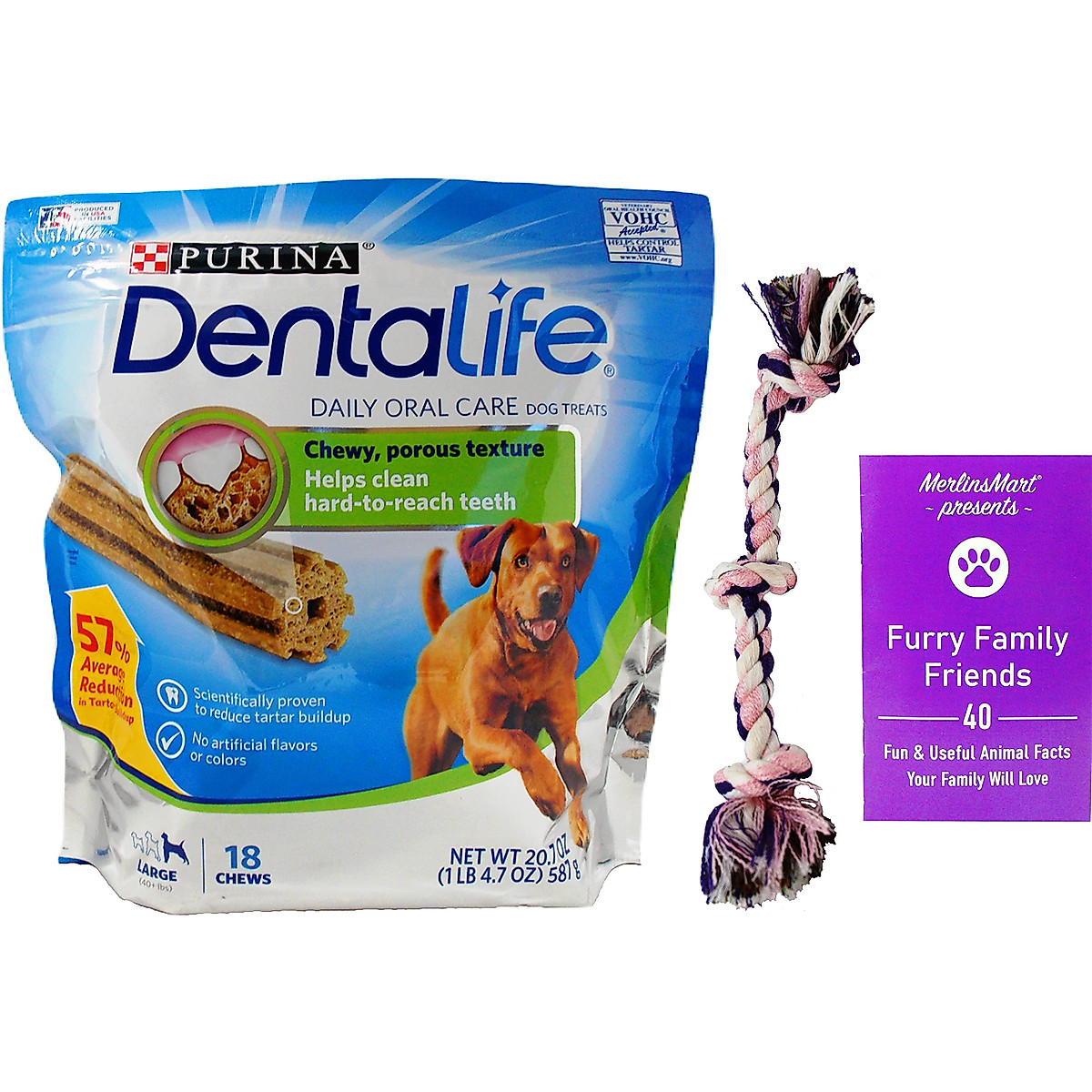 Purina DentaLife Daily Oral Care Chews Dental Dog Treats - Large Snacks for Big Pups 40+ Lbs (18 Count) - Plus Rope Toy and Fun Animal Facts Booklet Bundle