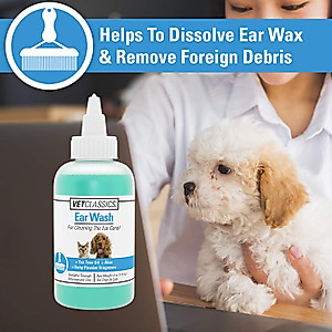 Vet Classics Ear Wash Liquid Formula for Dogs & Cats – Pet Ear Wash Formula Cleans Dog, Cat Ear Canals – Includes Aloe, Tea Tree Oil – Helps Remove Pet Ear Wax, Dirt, Debris – 4 Oz.