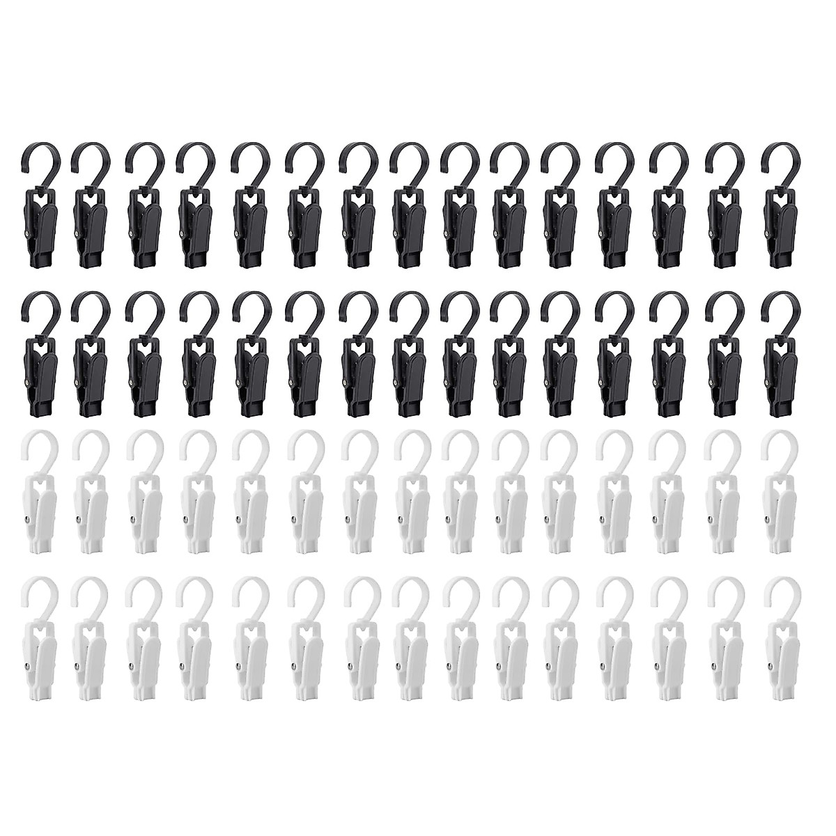 Frcctre 60 Pack Laundry Hooks Clip, 4.3" Super Strong Plastic Swivel Hanging Clothes Pins Curtain Clips, 360°Rotating Family Travel Hook for Drying Clothes Hat Towel Sock Gloves, Black and White
