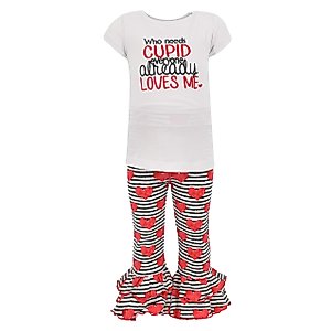 Unique Baby 2 Piece Girls Double Ruffle Leggings and Short Sleeve Shirt Clothes Set Kid and Toddler Girl Valentine's Day Outfit (7 Years, White)