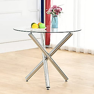 SICOTAS Round Dining Table Set for 4 - Glass Top Kitchen Table and Faux Leather Dining Chairs,Clear Circle Dining Room Table Set,Modern Breakfast Nook Table Set for Dining Room Kitchen Dinette, White