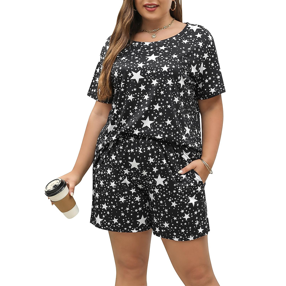 Celkuser Women's Plus Size 2-Piece Pajama Set Comfy Loungewear with Pockets Soft & Cozy Sleepwear for Women (109Blackstarx 4XL)