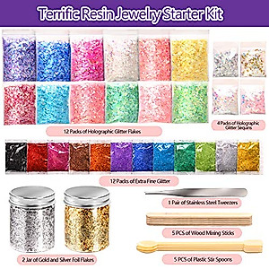 41PCS Resin Supplies Kit, LEOBRO Extra Fine Glitter for Resin, Resin Glitter Flakes Sequins, Foil Flakes, Mixing Stick &Tweezers, Craft Glitter for Resin Crafts, Nail Art, Jewelry Tumbler Making