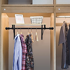 Closet Rod Brackets Heavy Duty with 46” Rod, Closet Shelf Brackets with Rod Holder, Closet Brackets for Both Shelf Storage and Closet Rod, Black Closet Shelf Support Pole Holder, 3 Pack