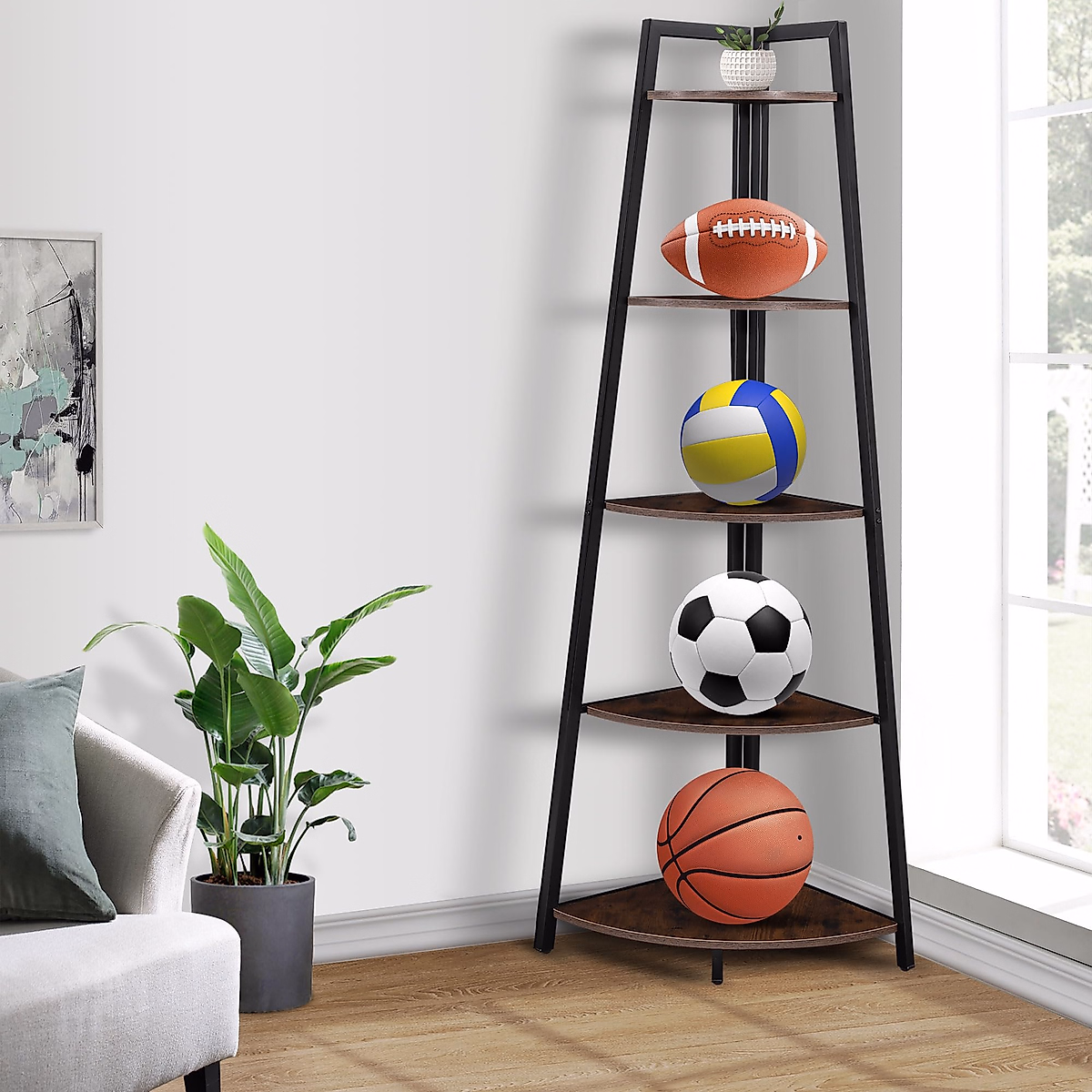 BETTAHOME 5 Tier Corner Stand, 70'' Tall Corner Ladder Shelf, Ideal for Books, Plants, Storage, Display Shelving Unit for Living Room, Bedroom, Kitchen, Rustic Brown