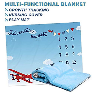 Airplane Monthly Milestone Blanket Adventure with Pilot Hat and Picture Frames Aircraft Growth Tracker Calendar Soft Plush Fleece Photography Prop Backdrop Newborn Baby Boy Shower Gift 40" X 50"
