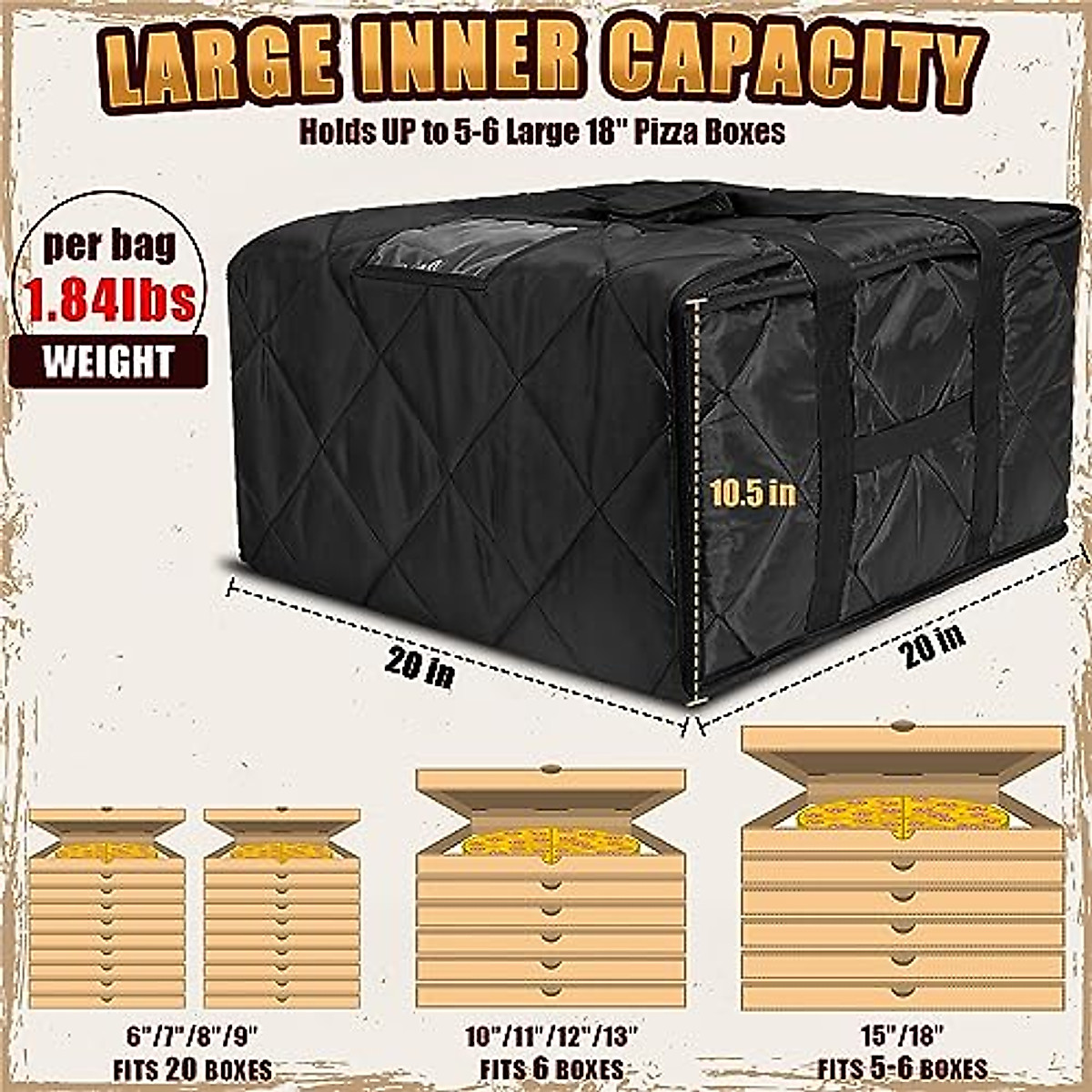 MyLifeUNIT Pizza Bag for Delivery, Thermal Insulated Pizza and Food Delivery Bag, 20" x 20" x 10.5" Pizza Warmer Bag, Holds 6 Large 18” Pizza Boxes, Hot Pizza Carrier Insulated Bags for Uber Eats/Bike