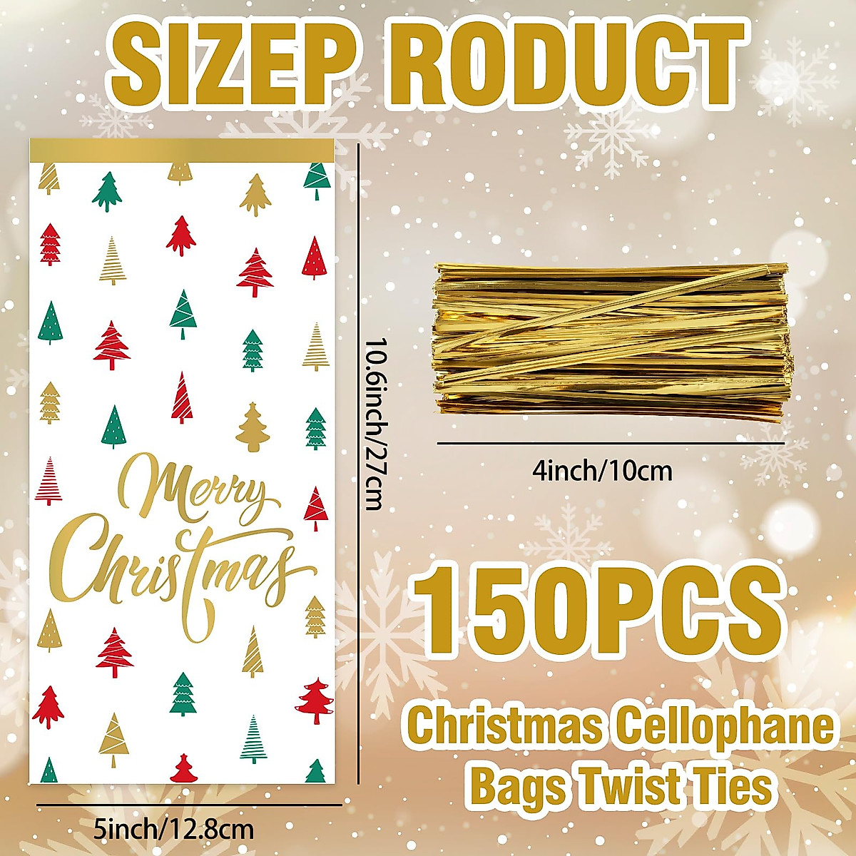 Whaline 150Pcs Christmas Cellophane Bags Red Green Gold Xmas Tree Print Candy Cookie Treat Bags Plastic Holiday Goodie Bags with Twist Tie