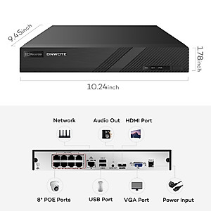 ONWOTE 8 Channel 4K 8MP HD PoE IP Security NVR Video Audio Recorder (Built-in 8 PoE Ports), Support 4K, 5MP, 4MP, Multi-Mode Recording, 8CH NVR with NO Hard Drive, Work with ONWOTE PoE Cameras