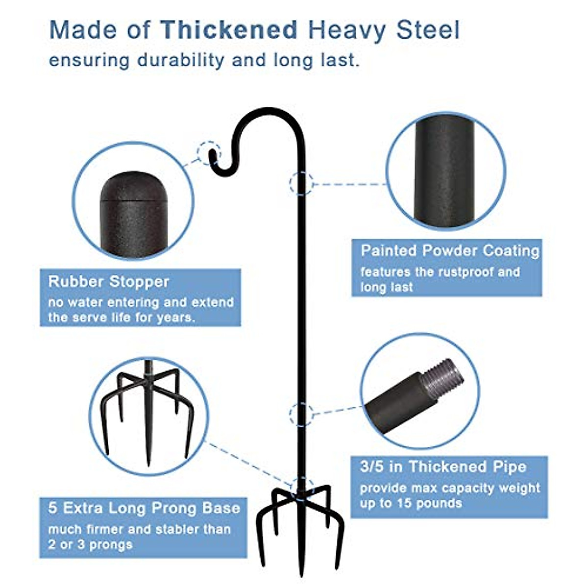 Artigarden 92 Inch Outdoor Shepherd Hooks with 5 Pronger Base (2 Packs), Adjustable Heavy Duty Garden Hanging Stand Holder for Bird Feeders Lanterns Planter Hanger, Matte Black