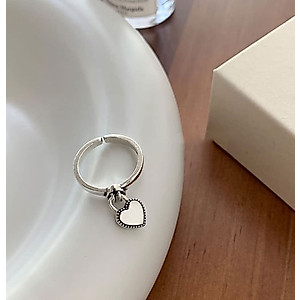 Vintage Dangle Heart Sterling Silver 925 Open Statement Rings for Women Girls Adjustable Love Heart Engagement Promise Rings Wedding Finger Band Fashion Jewelry Gifts BFF