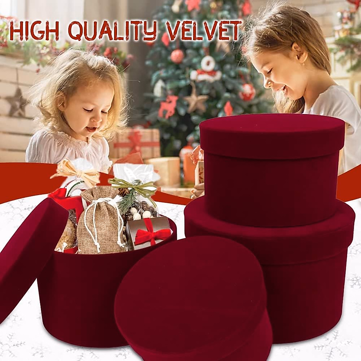 GnFlus Round Gift Boxes with Lids for Presents Set of 4 Velvet Nesting Gifts Box for Wedding Birthday Valentines Bridesmaid Christmas Party Anniversary - Red Wine