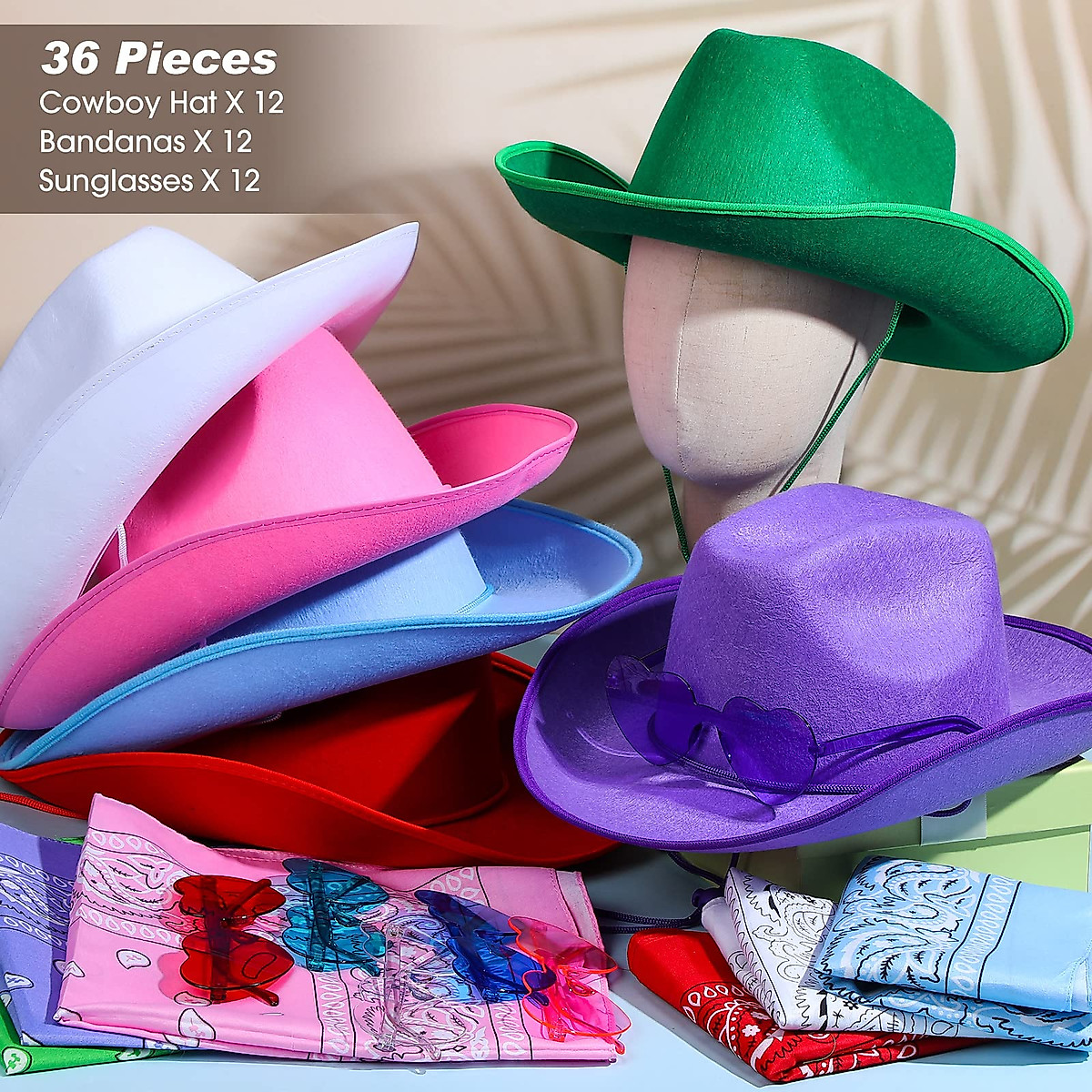 36 Pieces Adult Cowboy Hat with Bandanna Heart Sunglasses Unisex Felt Cowboy Hat Men Women Western Party Hat Cowboy Costume (Multicolor, Simple Style)