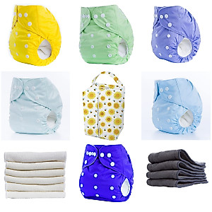 Reusable Cloth Diapers Newborn for Boys and Girls One Size Adjustable Washable Pocket Diaper Cover 6 Reusable Diapers + 6 Charcoal Bamboo Inserts+2 Microfiber Inserts and 1 Reusable Diapers Wet Bag