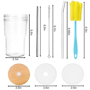 Moretoes 4pcs 16oz Glass Cups with Lids and Straws, Glass/Smoothie/Boba Cups, Reusable Glass Coffee Cups with Lids and Straw, Iced Coffee Cup