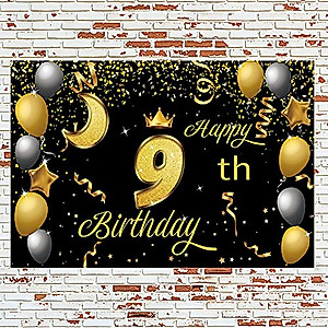 Sweet Happy 9th Birthday Backdrop Banner Poster 9 Birthday Party Decorations 9th Birthday Party Supplies 9th Photo Background for Girls,Boys,Women,Men - Black Gold 72.8 x 43.3 Inch