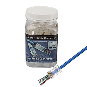 PETECHTOOL 100-Pack RJ45 CAT6A CAT6 Pass Through Connectors 23AWG Cables-End Bold UTP Ethernet 8P8C Gold Plated Modular Plug for Unshielded Twisted Pair Solid Wire Standard Cables