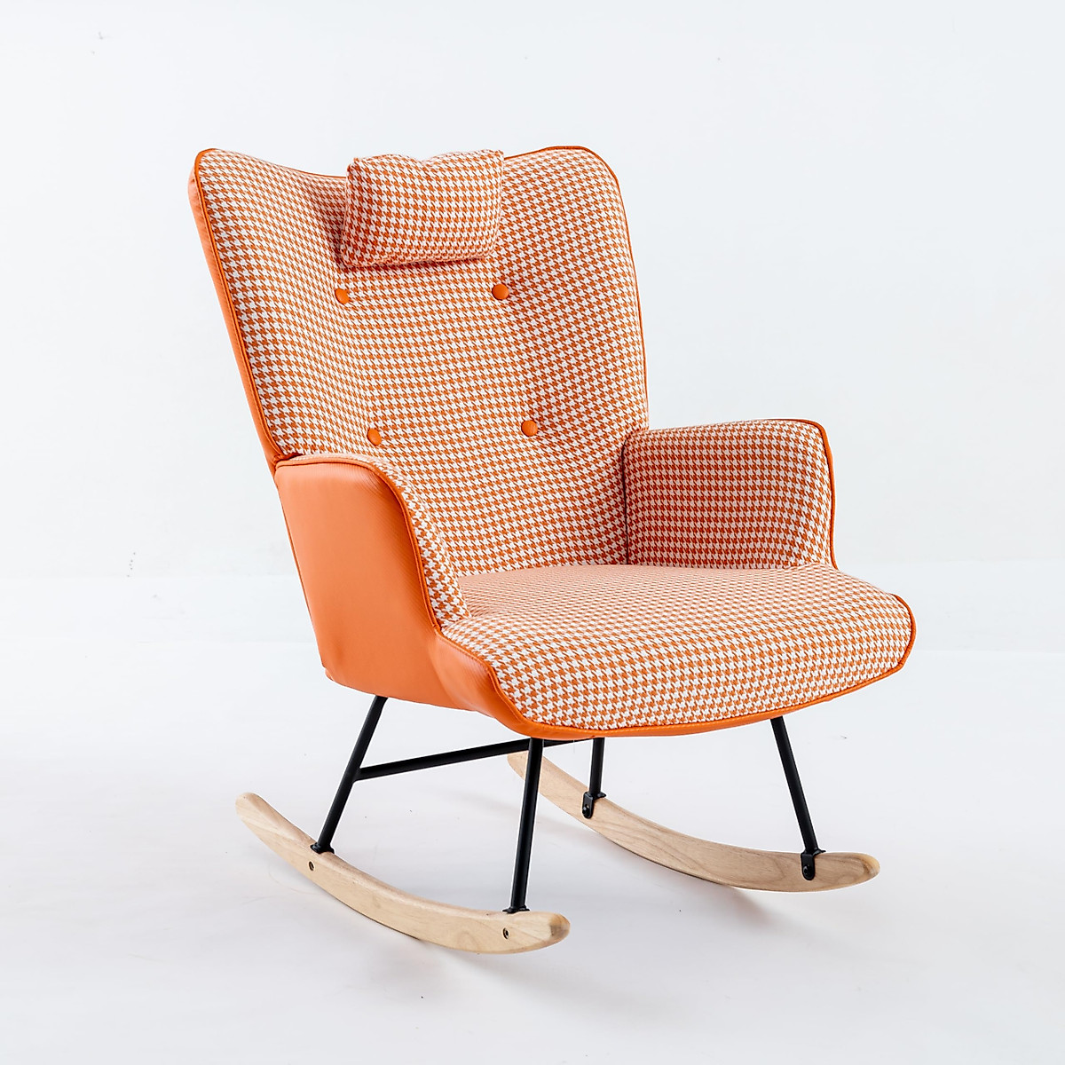 Tiophome Rocking Chair Nursery, Upholstered Glider Rocker Accent Chairs Padded Seat with High Backrest, Comfy Side Armchair for Nursing, Living Room, Bedroom, Office, Linen/Leather, Houndstooth Orange