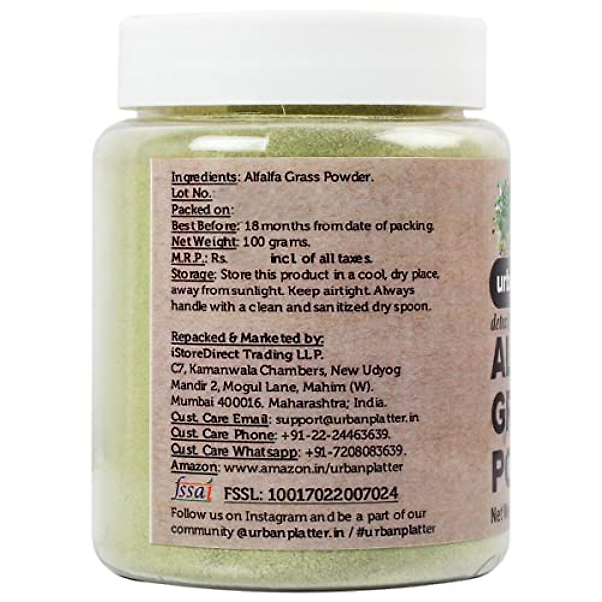 Urban Platter Alfalfa Grass Powder, 100g [Father of all Foods, Certified Organic]