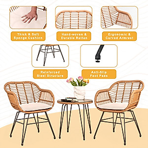 Tappio 3 Piece Outdoor Wicker Furniture Patio Bistro Set, Balcony Furniture Rattan Conversation Sets, Outdoor Patio Chairs Set for Porch Poolside Garden, Beige