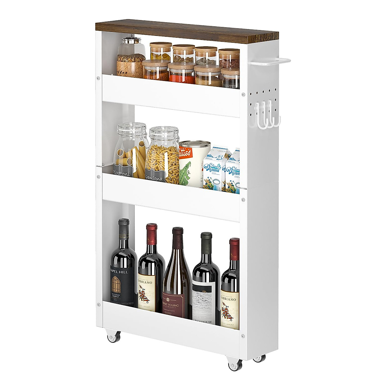 CHLORYARD Slim Storage Cart, 4-Tier Kitchen Rolling Cart Narrow Storage Cabinet with Handle & Wood Top, Metal Rolling Shelf Unit for Kitchen Bathroom Laundry Small Places(5 in Width/White & Brown)