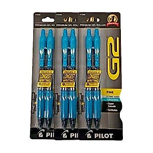 (3) Pilot G2 Turquoise Pens with Turquoise Ink, Retractable Gel Ink Rolling Ball, 0.7 mm, Fine Point, 2-Pack (13366)