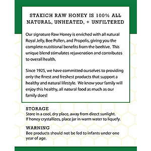 Stakich Royal Jelly, Bee Pollen, Propolis Raw Honey - Pure, Unprocessed, Unheated - 40 Ounce