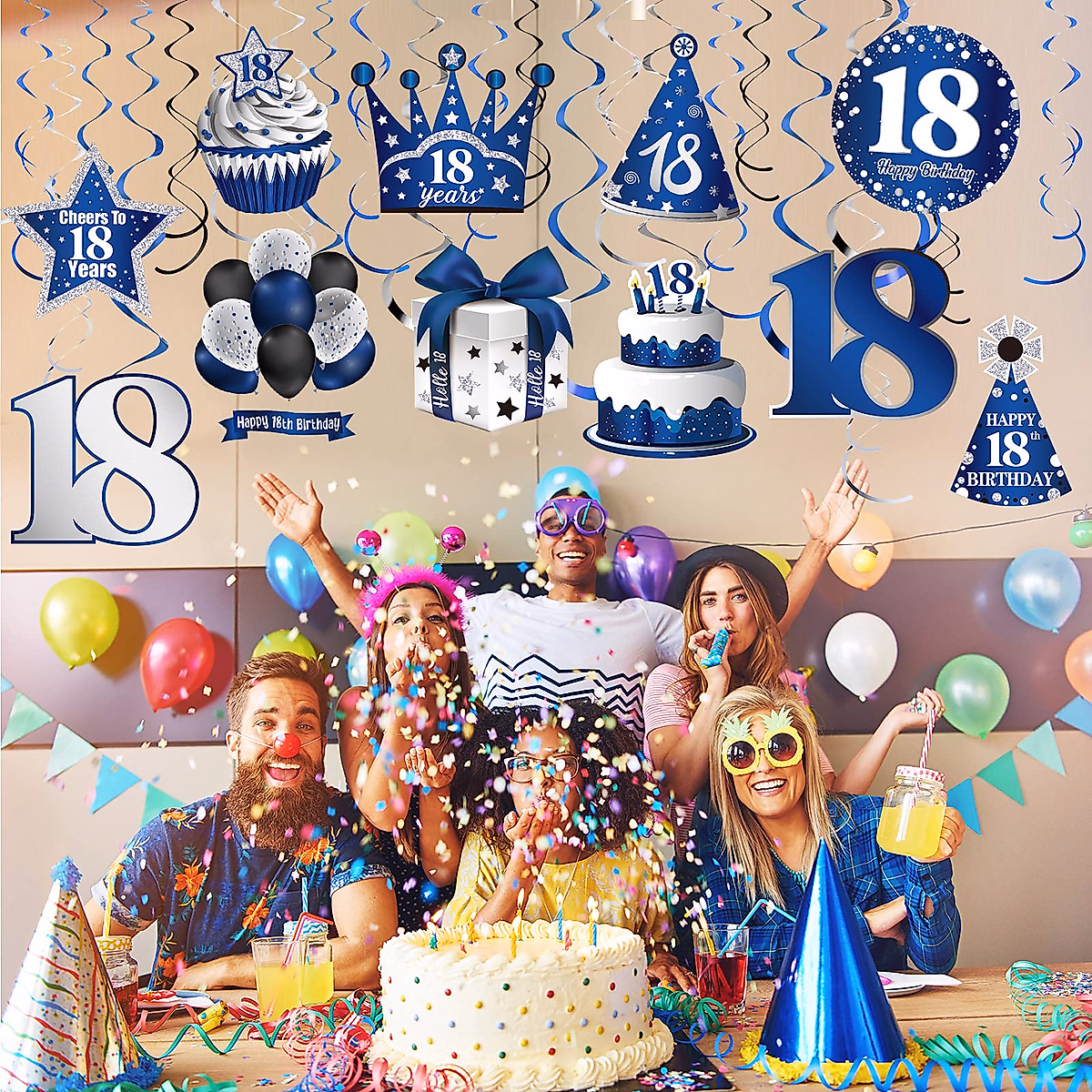 30 Pieces Happy 18th Birthday Party Hanging Swirls Decorations, Navy Blue Silver Black 18th Birthday Foil Swirls Ceiling Decor for Boy Men Cheers to 18 Years Birthday Anniversary Decorations Supplies