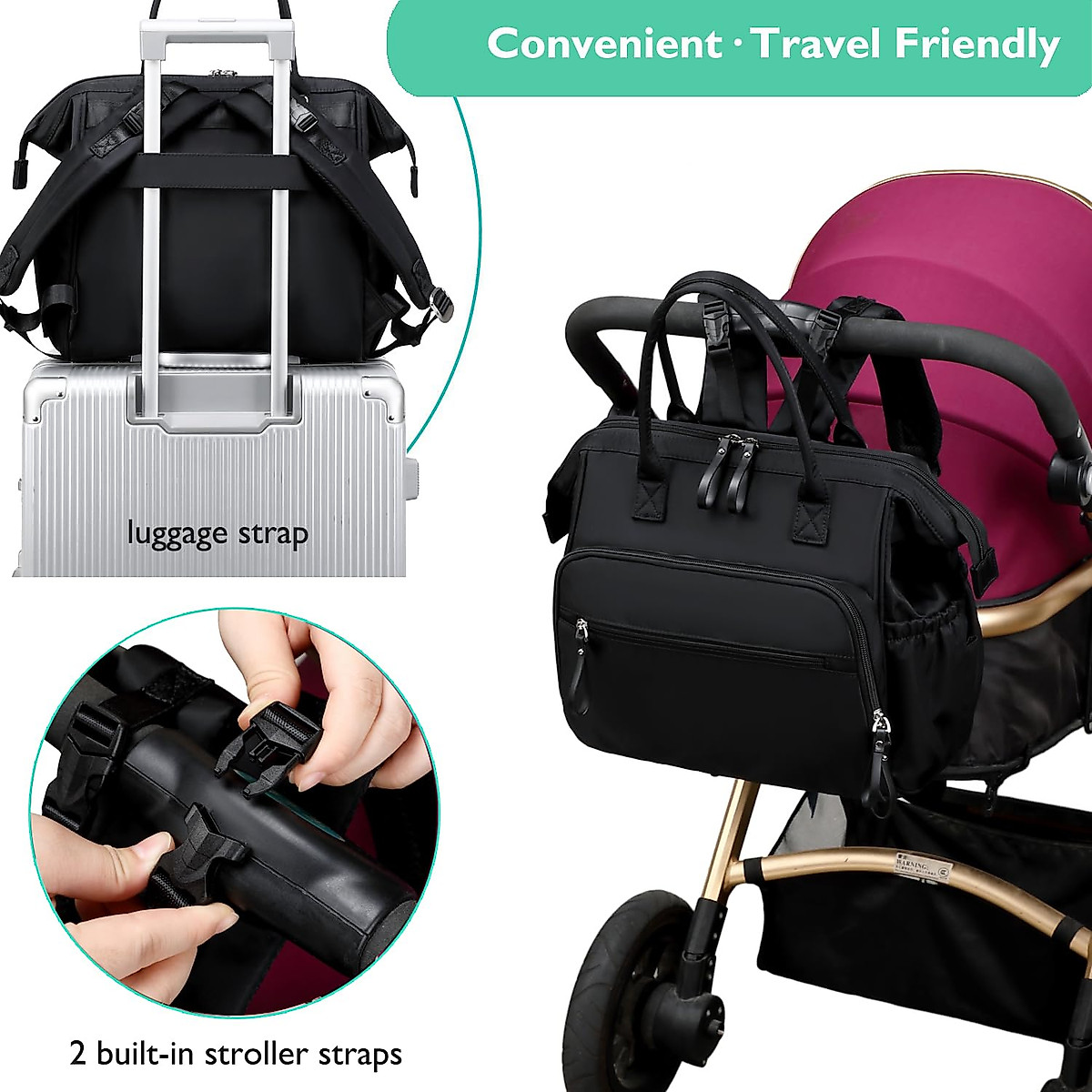 LORADI Convertible Diaper Bag Tote, Wide Open Top 14 Pockets Nappy Backpack with Stroller Clips, Water-resistant (Nylon, Black)