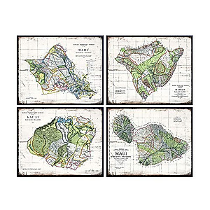 Rustic Hawaii Wall Decor Set - 8x10 Vintage Hawaiian Islands Decoration of Maui, Kauai, Oahu for Beach House, Ocean Home, Living Room, Office, Bedroom - Unique Gift for Tropical Art Fans - UNFRAMED