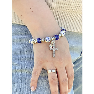 Nazareth Store Handmade Crystallized Glass Beads Cross Bracelet with Ceramic Flower Beads Religious Christian Bangle for Women and Men (Blue)